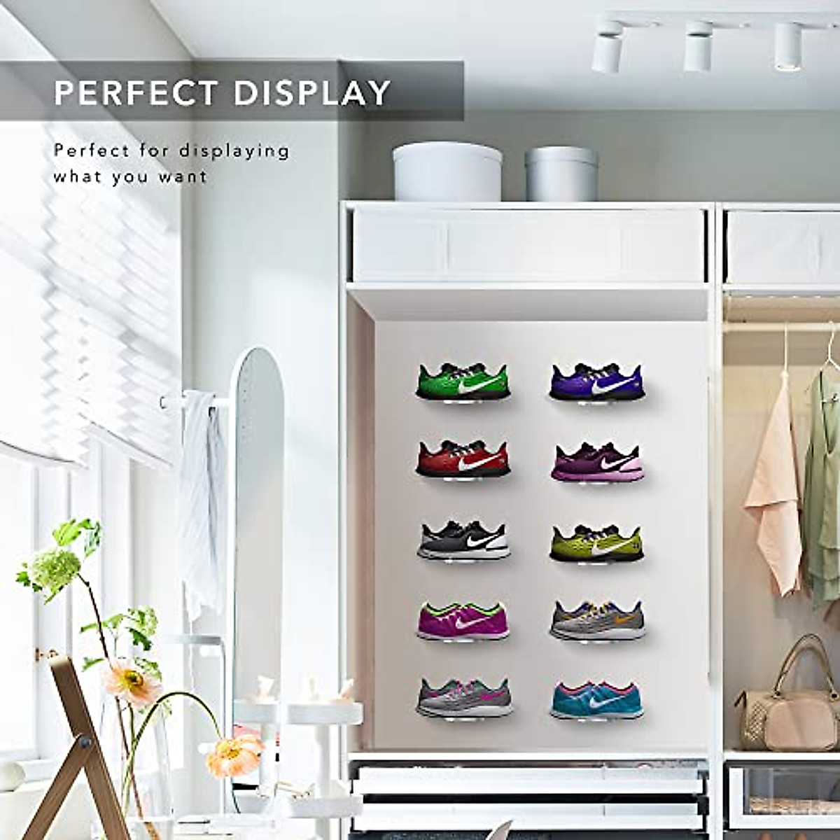 Clear Floating Shoe Display Shelf Wall Mounted Sneaker Shelves - 10 pack with screws, sticky tape, screwdriver and travel bag