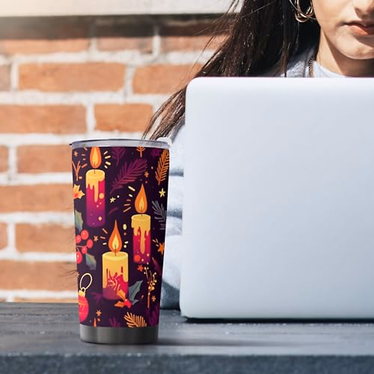 QWEUIOP 20oz Insulated Travel Coffee Mug Cartoon Purple Candles Stainless Steel Tumbler with Lid Double Wall Vacuum Coffee Cup For Hot and Cold Drinks14138