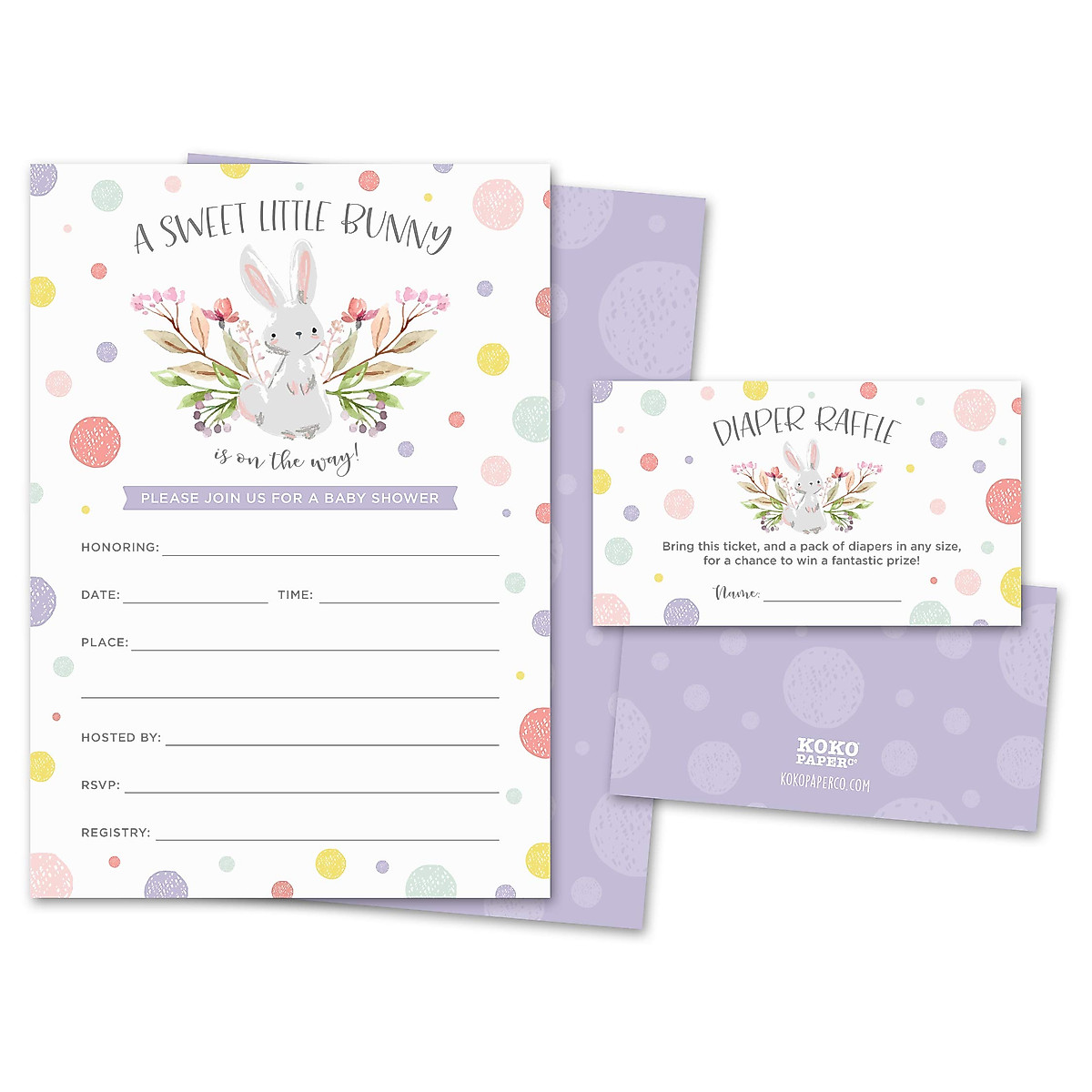 Koko Paper Co Sweet Little Bunny Baby Shower Invitations and Diaper Raffle Tickets | Pack of 25 Fill-in Invitations, Diaper Raffle Tickets and Envelopes | Printed on Heavy Card Stock.