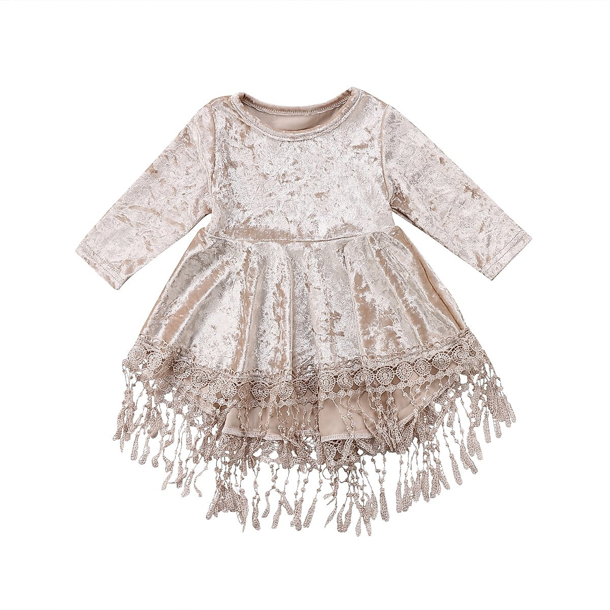 Vintage Princess Kids Baby Flower Girls Dress Silver Velvet Tassels Dresses Ruffle Long Sleeve Floral Lace Dress (Silver, 6-12Months)