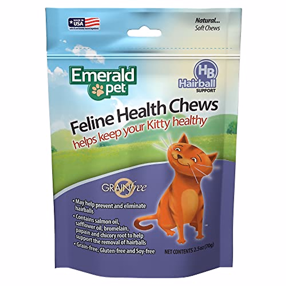 Emerald Pet Feline Health Chews Hairball Support — Natural Grain Free Feline Hairball Control Chews — Hairball Control Cat Supplements for Hairball Prevention and Elimination — Made in USA, 2.5 oz