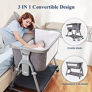 Baby Bassinet Bedside Sleeper for Baby, Foldable Bedside Crib, Li’l Pengyu Free-Installation Foldable Bedside Co-Sleeper with Rocking Cradle Mode, Come with Comfy Mattress& Portable Bag