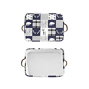 Deer Bear Patchwork Woodland Personalized Storage Bins,Foldable Baskets Organizer with Handle for Nursery Pet Toy Clothes Box 2 Packs