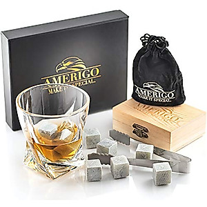 Luxury Whiskey Stones Gift Set - Set of 9 Whiskey Rocks - Reusable Ice Cubes for Drinks - Great Whiskey Gift for Man - Handcrafted Whisky Stones Set - Chilling Stones + Ice Tongs + 2 Classy Coasters