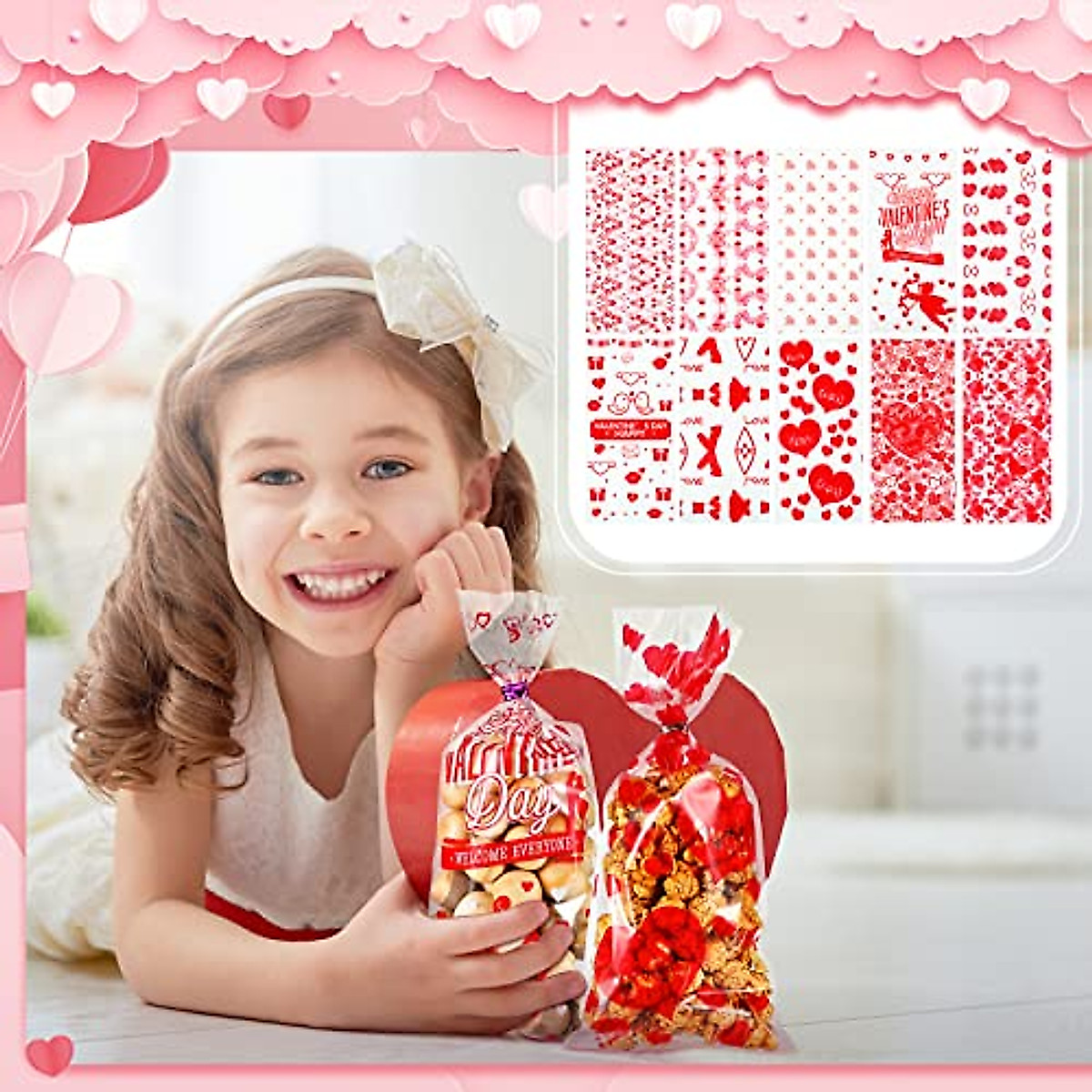 200 Pcs Valentine Cellophane Candy Bags Valentine's Day Gift Bags Valentine Cellophane Treat Bags with 200 Twist Ties Valentine Goodies Bags for Kids Valentine Party Supplies,10 Styles
