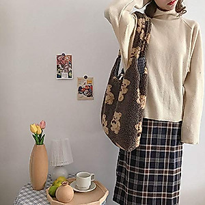 Women Lamb Like Fabric Shoulder Tote Bag Canvas Fluffy Fur Bear Handbags Soft Cute Bag