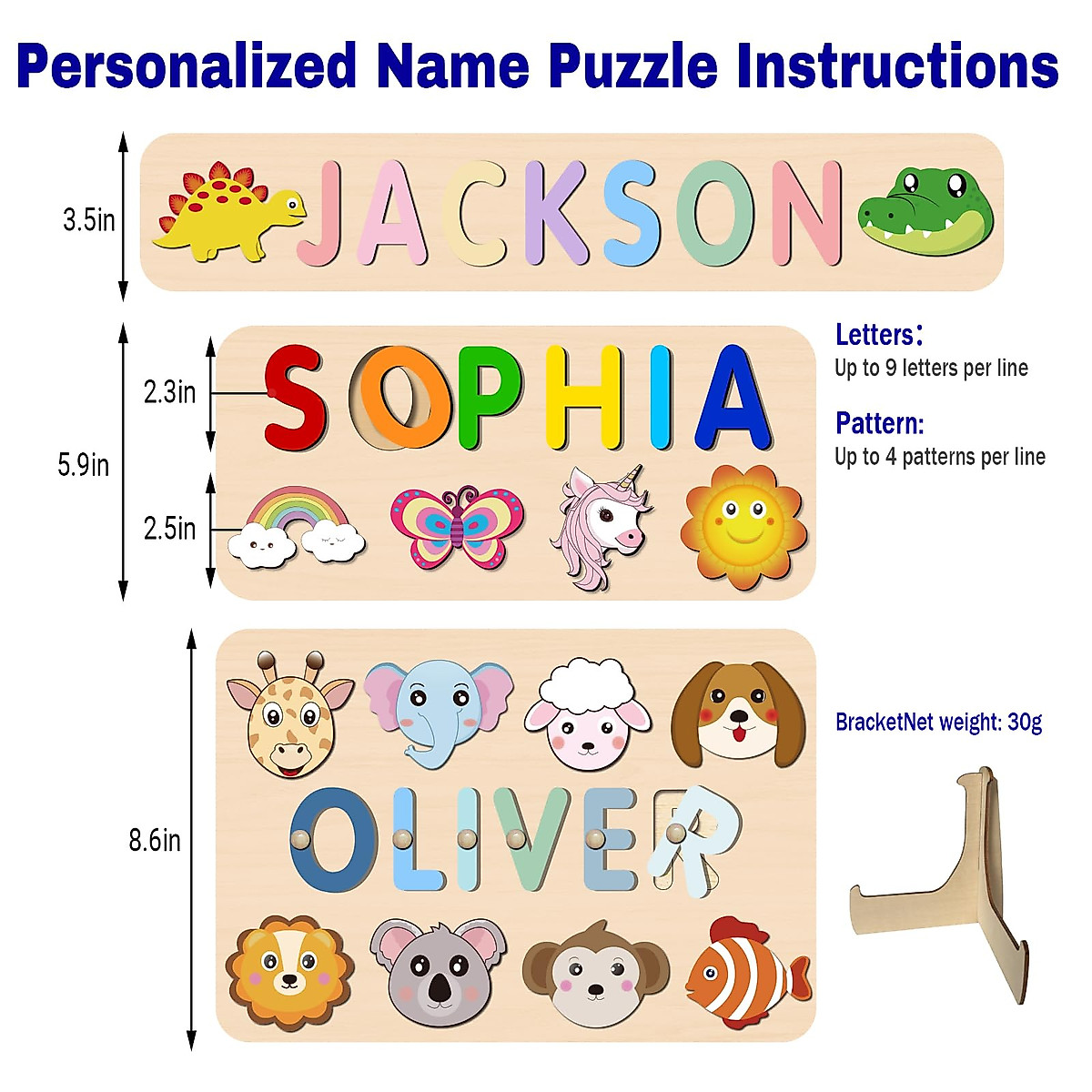 Personalized Wooden Name Puzzle for Kids, Custom Baby Gifts with Engraved Text on Back, 1st Birthday Gifts for Girls Boys, Easter Basket Stuffers for Toddler, Early Learning Toys for Baby