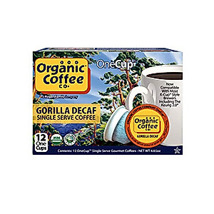 The Organic Coffee Co. Compostable Coffee Pods - Gorilla Decaf (12 Ct) K Cup Compatible including Keurig 2.0, Medium Roast, Swiss Water Processed, USDA Organic