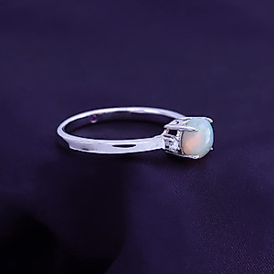 GEMVIO Collection Round Cut 6MM Natural White Opal Gemstone & Diamond Accent Solitaire Rings in 14K White Gold Over Sterling Silver Engagement Anniversary Promise Ring For Womens (0.70Cttw) Size-7.5