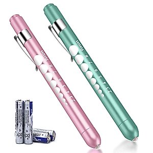FITA Medical Pen Lights for Nurses Doctors, 2 Pack Reusable Penlight LED Tactical White Light with Pupil Gauge and Ruler, Replaceable Batteries (Pale Pink/Teal Green)