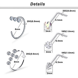 Ocptiy 18G Nose Rings Studs Hoop Piercing Jewelry for Women Stainless Surgical Steel Hypoallergenic L Shaped Cute Nose Rings Bend Curved Cubic Zirconia Nose Nostril Ring Stud Piercing Jewelry Men 2MM