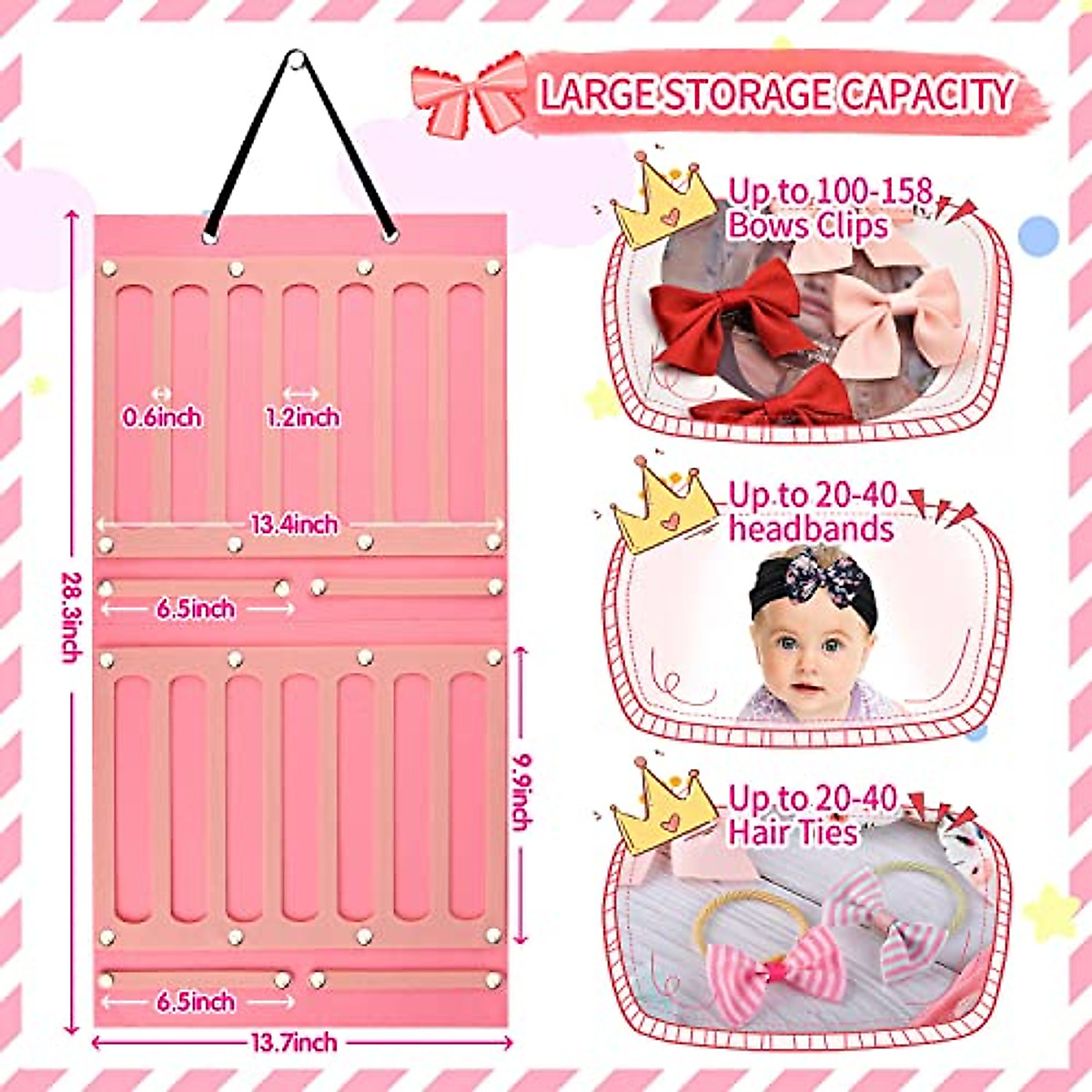 SKYNEO Headbands Holder for Baby Girls, Hanging Headbands Organizer, Baby Bow Holder Organizer w/Heart-Shape Velvet Hangers(Light Pink)