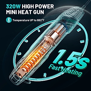 SEEKONE Handheld Heat Gun, 662℉ Portable Mini Hot Air Gun with 4.9Ft Long Cable, Overheat Protection and Fast Heating Reflector Nozzle for DIY, Craft Embossing, Shrink Wrapping, Electronics