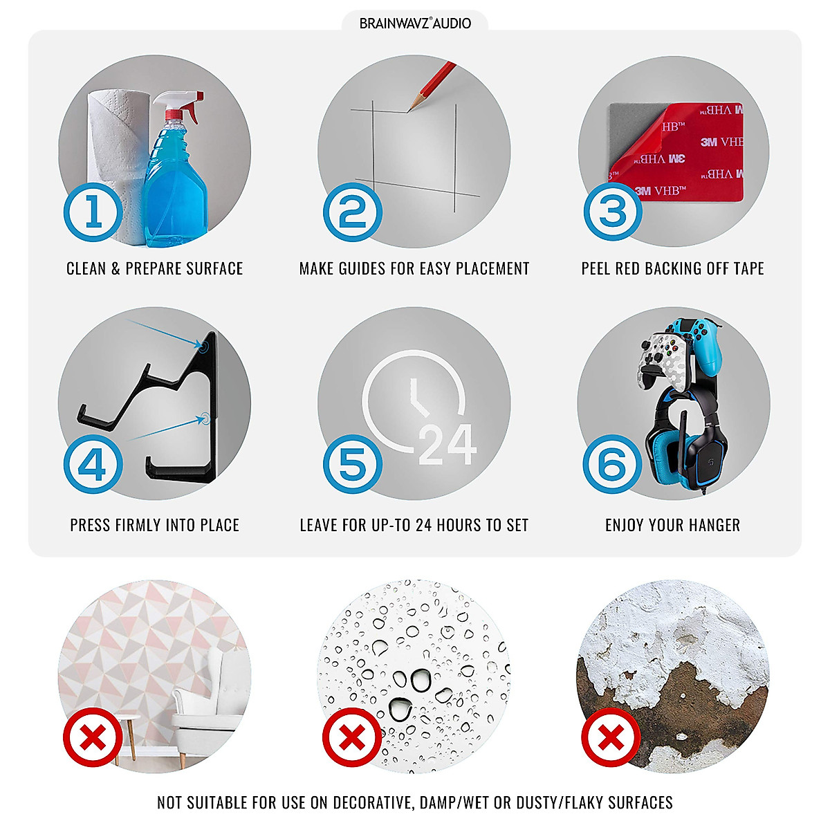 The UberAtlas Dual Game Controller & Headphone Stand Wall Mount Holder for Xbox ONE, Series X, PS5, PS4, PS3, Switch, STEELSERIES Gamepad & More, Stay Organized No Screws, by Brainwavz