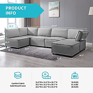CECER Modular Sectional Sofa, U Shaped Convertible Couch Sofa with Reversible Chaises, Queen Sleeper Sofa, Modular Oversized Sofa Couches for Living Room (Light Grey)