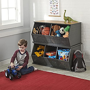 Badger Basket Metal and Bamboo Two Bin Stackable Charcoal/Natural Toy Storage Cubby