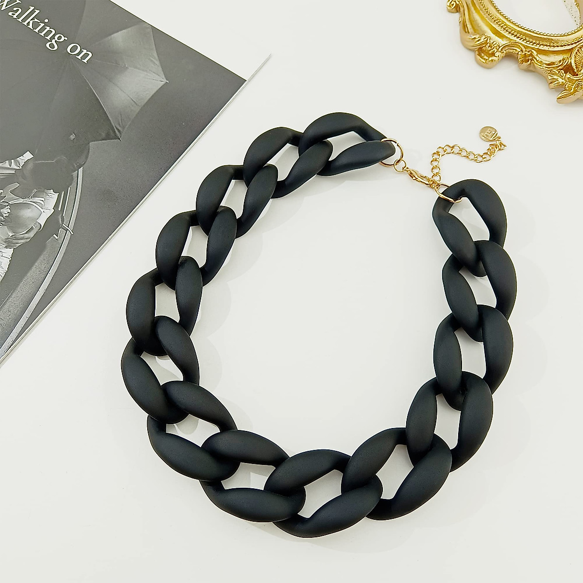Firstmeet Chunky Acrylic Necklace Smooth Chain Link Cool Statement Choker Cuban Style Jewelry Gift for Women(XL-1118-Black matte)
