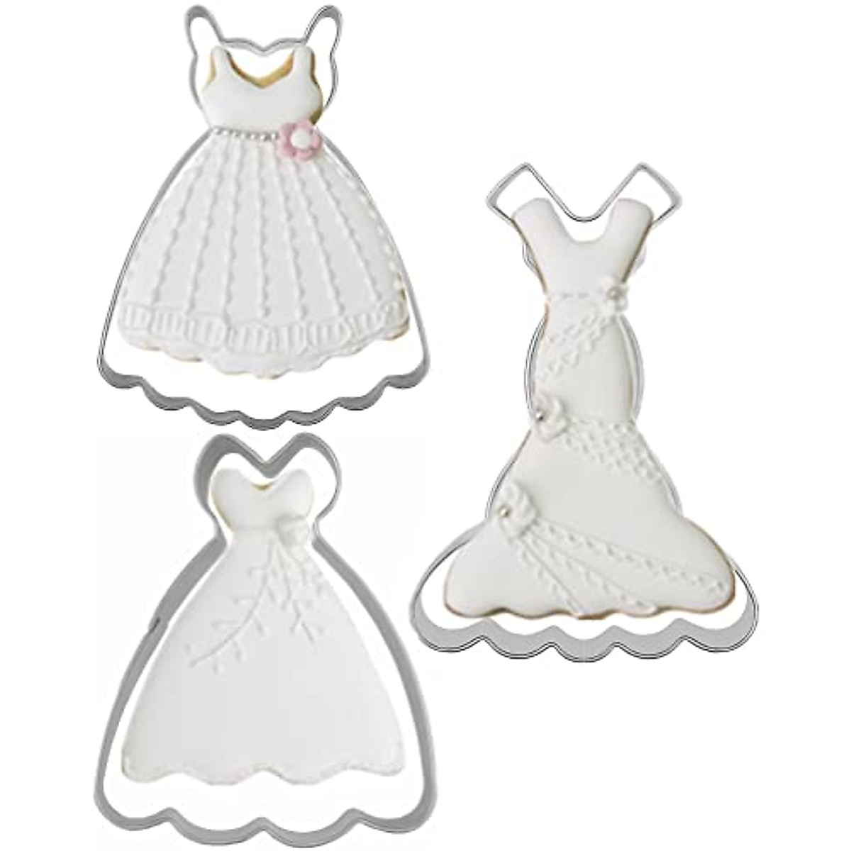 Large Size Dress Shaped Cookie Cutters Set of 3 pcs, Stainless Steel Fondant Cutters: Sleeveless Mermaid Dress 4.7 in 1 pc + Strapless Princess Dress 4.3 in 1 pc + Suspenders Wedding Dress 4.4 in 1 pc