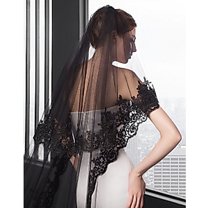 Cibelle Black Wedding Veil 2 Layers 3 Meters Long Lace Bridal Veil with Metal Comb