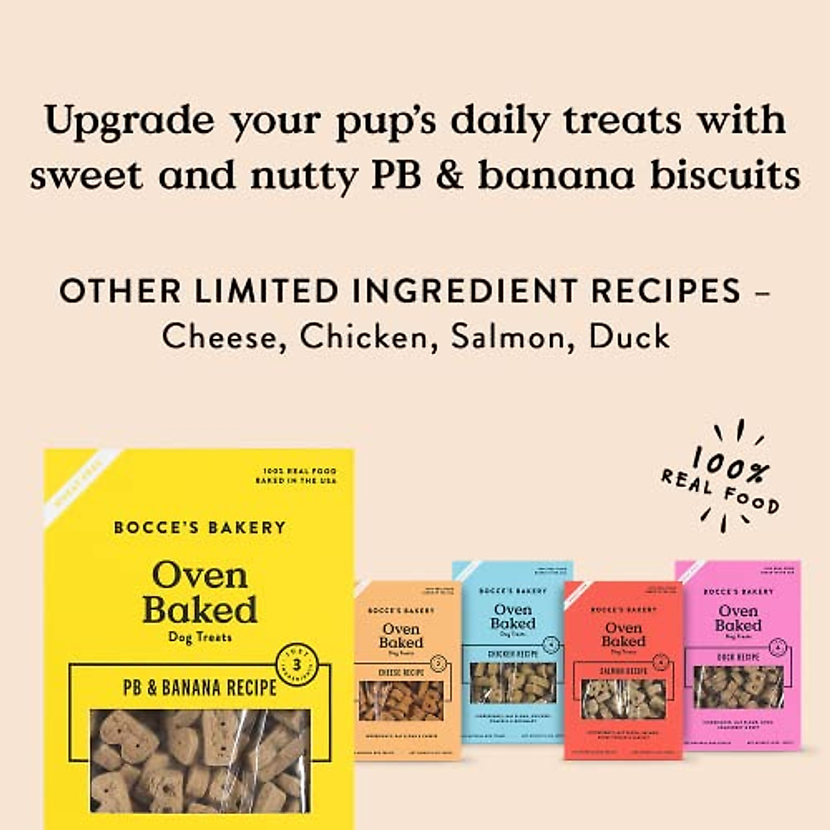 Bocce's Bakery Oven Baked PB & Banana Recipe Treats for Dogs, Wheat-Free Dog Treats, Made with Real Ingredients, Baked in The USA, All-Natural Peanut Butter & Banana Biscuits, 14 oz