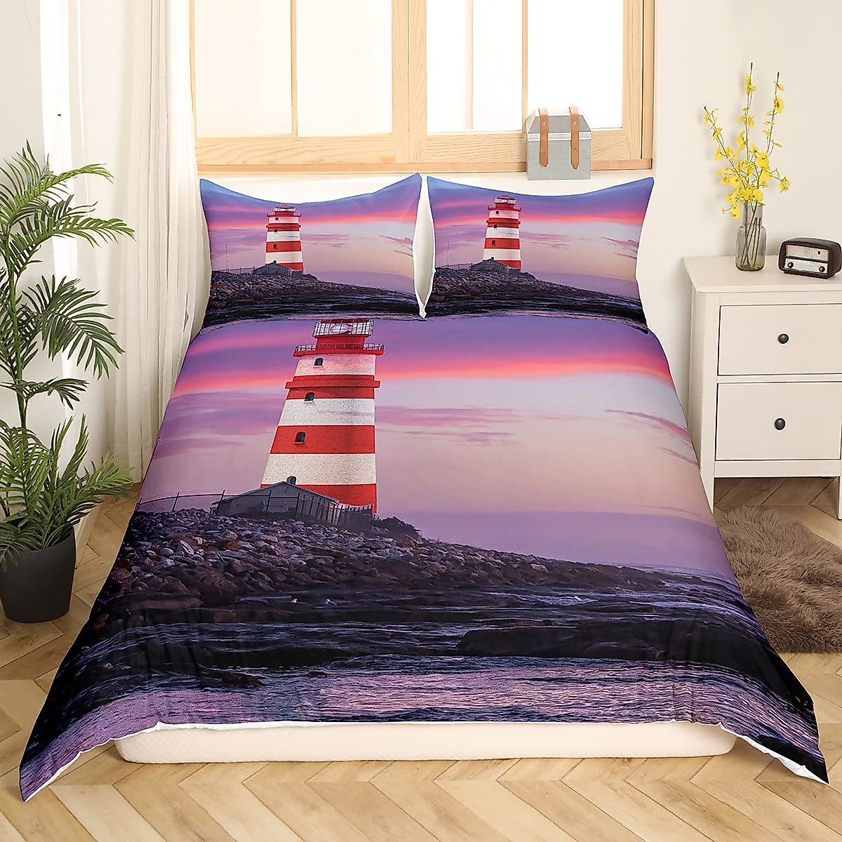 Erosebridal Lighthouse Bed Set Coastal Beach Duvet Cover, Nautical Theme Bedding Set Full Pink Clouds Comforter Cover, Sea Ocean Bed Cover Super Cozy Lightweight with 2 Pillow Sham (Zipper Closure)