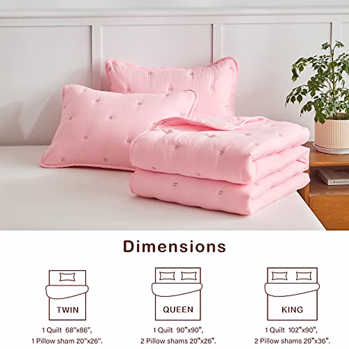 Joyreap 3 Pieces Quilt Set Queen Size Pink, Microfiber Lightweight Quilt Bedding Set, Bedspread Coverlet Bed Cover for All Season, 1 Quilt and 2 Pillow Shams- 90x90 inches