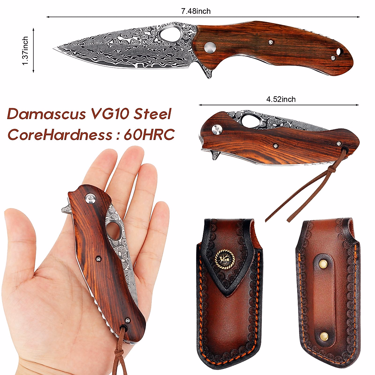 Benkey Damascus Folding Knife, Sharp VG10 Core Damascus Steel Pocket Knives with Natural Wood Handle, Quality Leather Sheath, Ball Bearing, Liner Lock, Lightweight Pocket Knife for EDC Men Women
