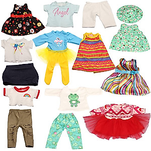 MSYO 16 Pcs 18 Inch Doll Clothes and Accessories, 10 Complete Sets of Doll Outfits, Fashionable Dresses, Frog Pajamas, Doll Pants and Tights, Mini Skirt, Doll Costumes with Hat for Cute Doll Girls