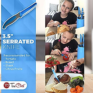 TruChef Kids Knife Set For Cooking – 5 Piece Kids Cook Set in Blue – Kids Cooking Supplies with Kids Chef Knife, Kids Paring Knife, Kids Peeler, Kids Serrated Knife & Universal Holder