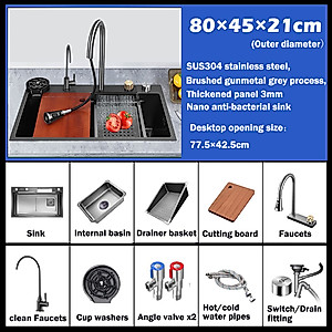 Kitchen Sink Single Bowl Sink Flying Rain Waterfall Sink Household Sink, Workstation Kitchen Sink Domestic Sink Set,Integrated Sink with Pull-Out Tap, Chopping Board,Cup Washer (80×45×21cm)