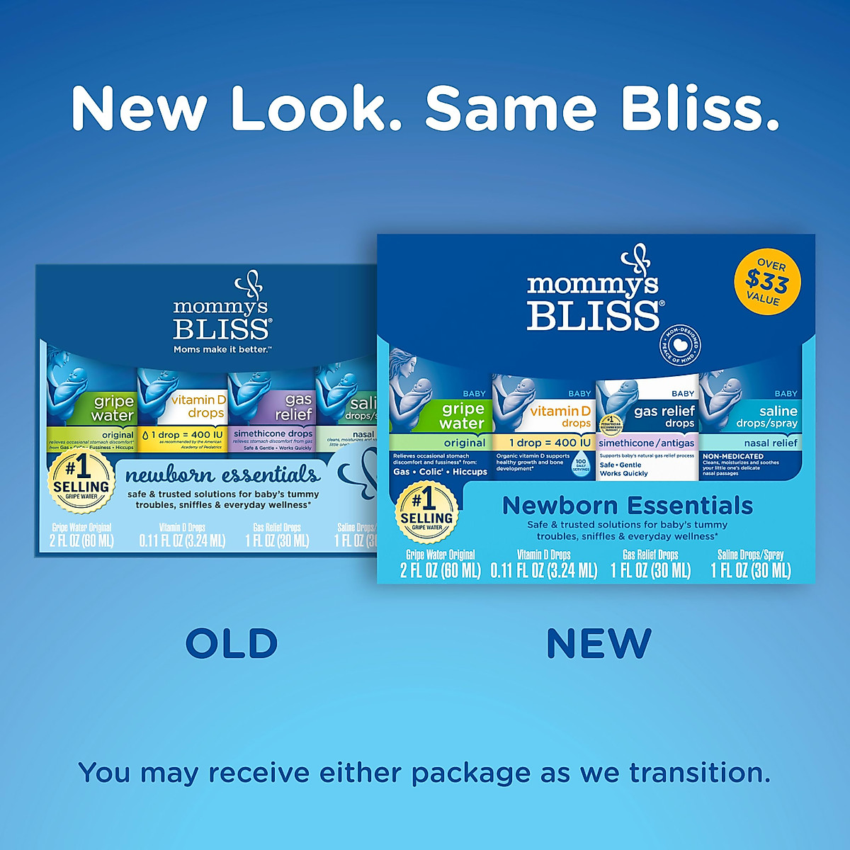 Mommy's Bliss Newborn Essentials Gift Set, Includes Gripe Water, Baby Vitamin D / Gas Drops and Gentle Saline Drops/Spray