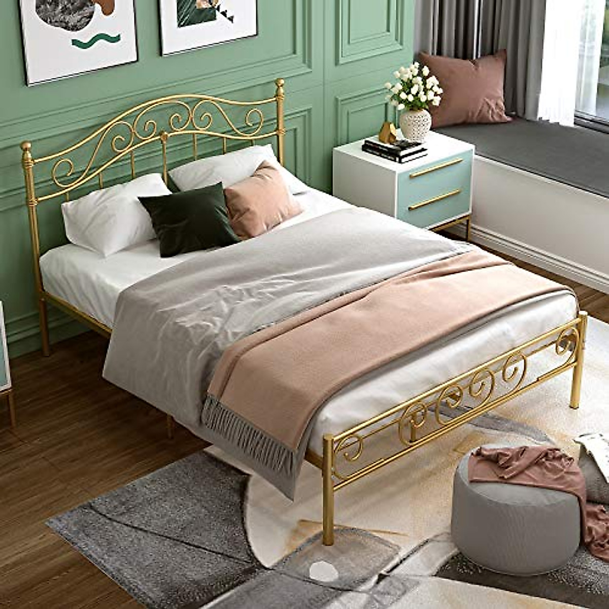 IOTXY King Metal Bed Frame - Gold 12 Inches Complete Bed Platform with Curved Tall Headboard and Shorted Footboard, King-Size Mattress Base Foundation, Garden Style