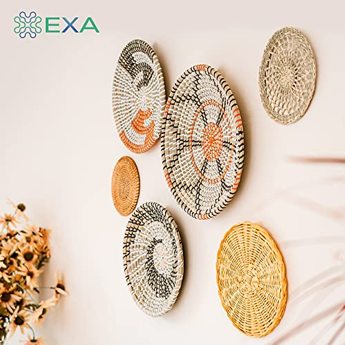 EXA Set of 6 Woven Wall Basket Orange Blossom Decor - Boho Farmhouse Rustic Room Style - for Thanksgiving Christmas Hanging Wall Art, Gift Idea, Table Settings - Handmade, Round, Natural Seagrass