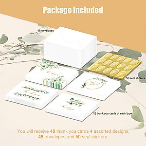 WLIEYEE 48 Pack Thank You Cards with Envelopes and Stickers, 6x4 Inch Watercolor Greenery Gold Foil Design Thank You Blank Notes for Engagement, Bridal Shower, Business, Funeral Wedding, Baby Shower, Graduation (Greenery-gold)