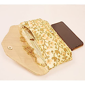 Indtresor beaded handcrafted embroidered evening purse handbag vintage party wedding gift for women. Peach Gold