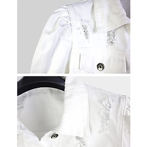 Omoone Women's Ripped Puff Sleeve Denim Crop Top Long-Sleeve Cropped Jean Jacket(1676-White-M)