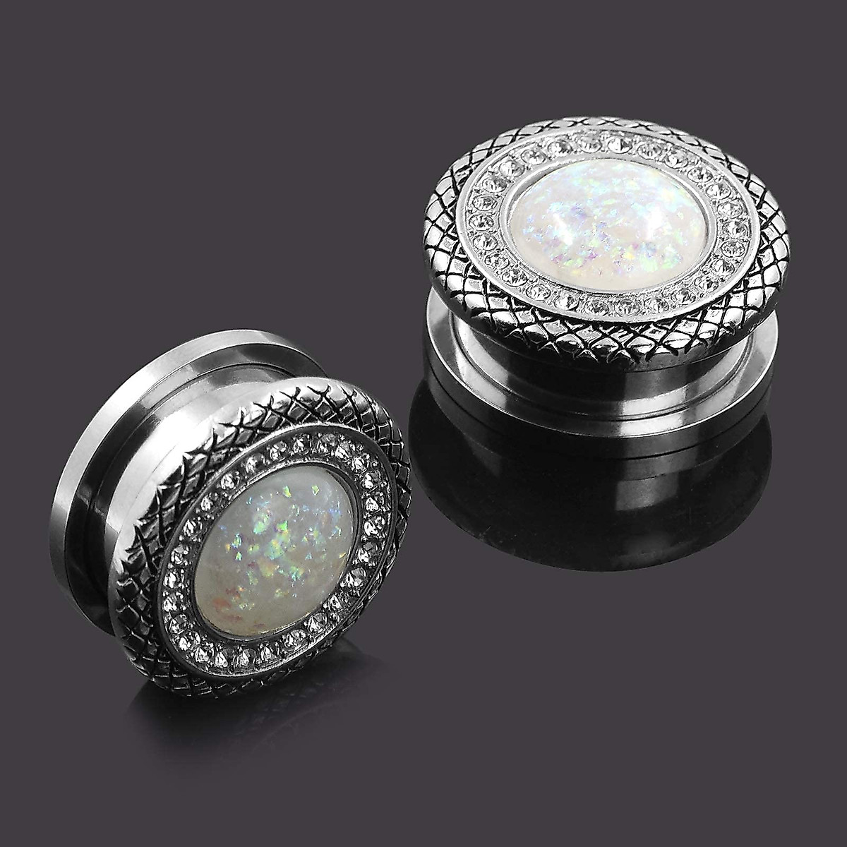 Qmcandy 2pcs 00g Stainless Steel White Opal Screw Ear Plugs Gauges Piercing