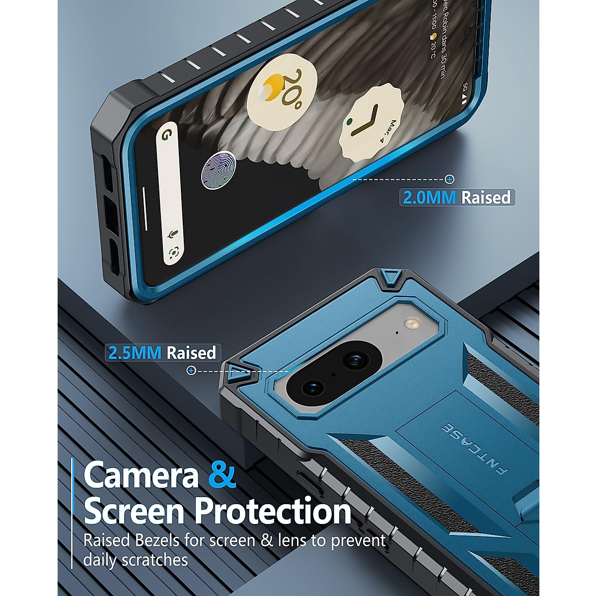 FNTCASE for Google Pixel 8 Case: Military Grade Shockproof Rugged Protective Phone Cover with Kickstand, Belt-Clip Holster & Extra Front Frame, Heavy Duty Hard Pixel 8 Cell Phone Cases 5G (Blue)