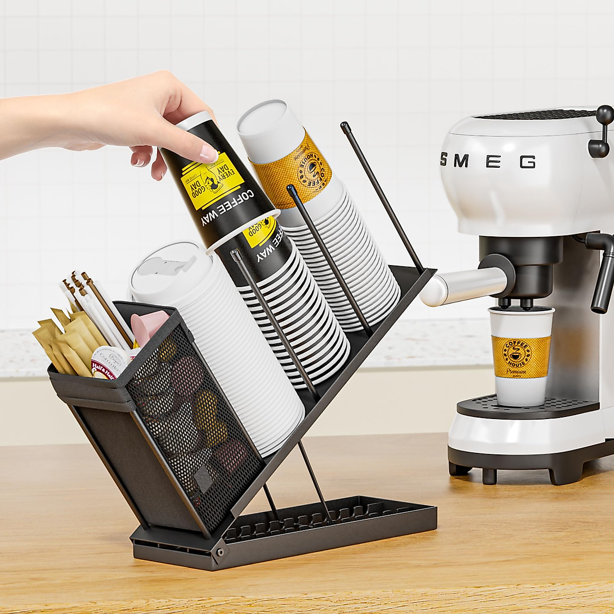 Dunatou Cup and Lid Holder, Adjustable Coffee Cup Holder Organizer, 4 Compartment Coffee Cup Dispenser, straw dispenser for Countertop Coffee Station Bar Office Breakroom, Black