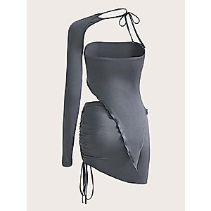 Verdusa Women's 3 Piece Outfit Y2K Tube One Shoulder Top Shrug and Drawstring Ruched Bodycon Mini Skirt Sets Dark Grey XS