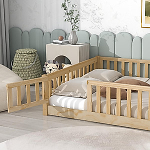 ROCKINGRUN Full Size Montessori Floor Bed Frame with Safety Fence & Convertible Door, Toddler Floor Bed with Sturdy Solid Wood Support Slats and Full-Length Guardrails for Kids Girls Boys (Natural)