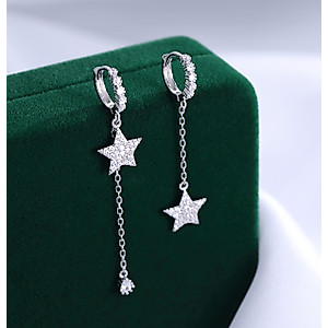 SLUYNZ 925 Sterling Silver CZ Star Dangle Hoop Earrings for Women Asymmetric Star Earrings Chain (A-Silver)