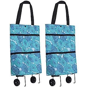 Cabilock 2Pcs Folding Shopping Bags Portable Collapsible Trolley Bags with Wheels for Women As Shown