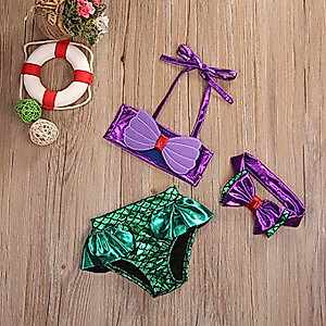 3Pcs/Set Kids Toddler Baby Girl Mermaid Swimsuits Halter Swimwear Bikini Set with Headband (Purple+Green, 70/3-6 Months)