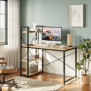 Bestier 47 Inch Computer Desk with Adjustable Shelves, Simple Writing Desk with Reversible Bookshelf and Metal Legs for Home Office and Studio, Oak