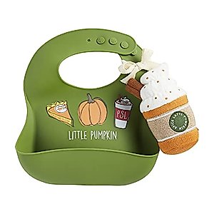 Mud Pie Unisex Baby Pumpkin Bib and Rattle Set, Green, 10 1/4" x 9"