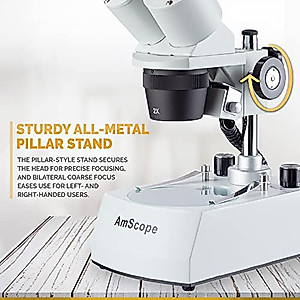 AmScope SE306R-PZ-LED Forward-Mounted Binocular Stereo Microscope, WF10x and WF20x Eyepieces, 20X/40X/80X Magnification, 2X and 4X Objectives, Upper and Lower LED Lighting, Reversible Black/White Stage Plate, Pillar Stand, 120V or Battery-Powered