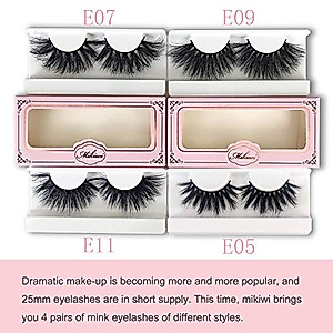 25mm Mink Lashes MIKIWI 4 Pack, Real 3D Mink Lashes, Fluffy Mink Lashes, Thick HandMade Full Strip Lashes, Dramatic 25mm Lashes, 3D Mink Eyelashes