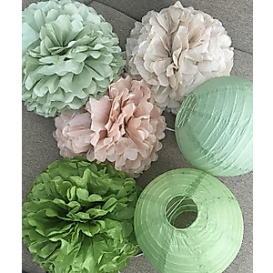 Sage Green hanging Party Decorations for Baby Bridal Shower Boho Wedding Birthday Supplies in Wall Decor with Tissue pom poms and Lanterns (Boho green)