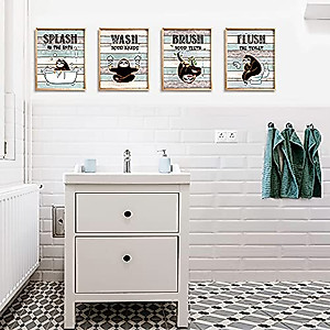 FALJIOK Funny Sloth Bathroom Decor Wall Art Sign, Rustic Farmhouse Wood Sloth Bathroom Rules Wall Art for Kids, Sloth lover, Nursery, Wash Brush Flush, 4set,8”X10” Unframed